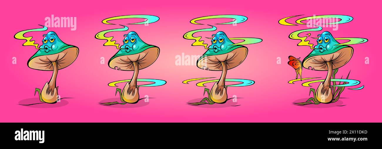 Toxic mushroom smoking animation set isolated on pink background ...