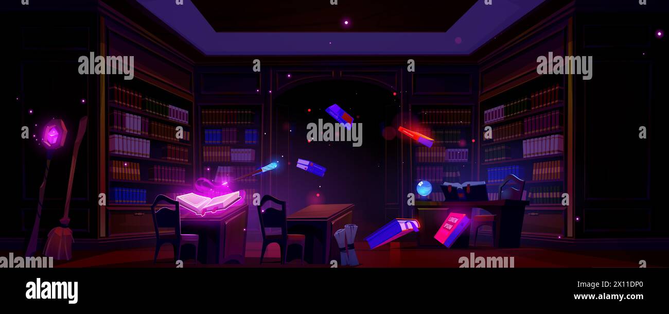 Magic library for wizard and witch education with flying glowing books ...