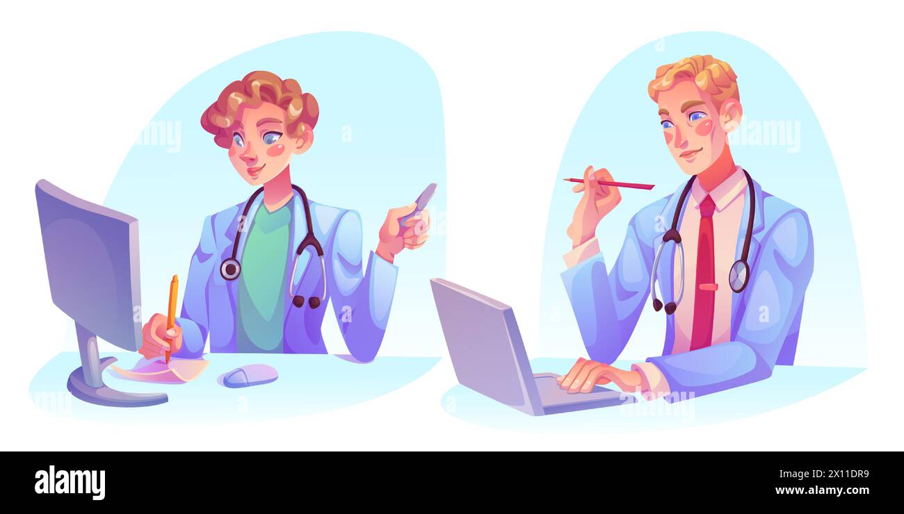 Doctor working at desk with computer. Cartoon vector illustration set ...