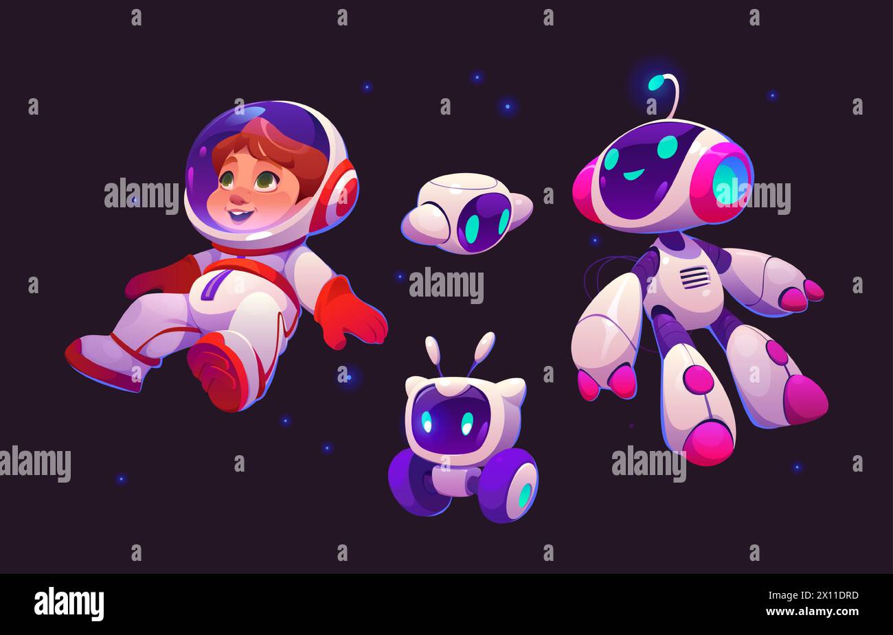 Kid astronaut in costume with helmet and cute cosmonaut robots floating in outer space. Cartoon ...
