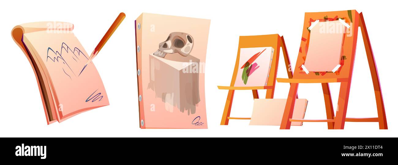 Art paint tool. Artist draw with pencil on easel. Painter craft ...