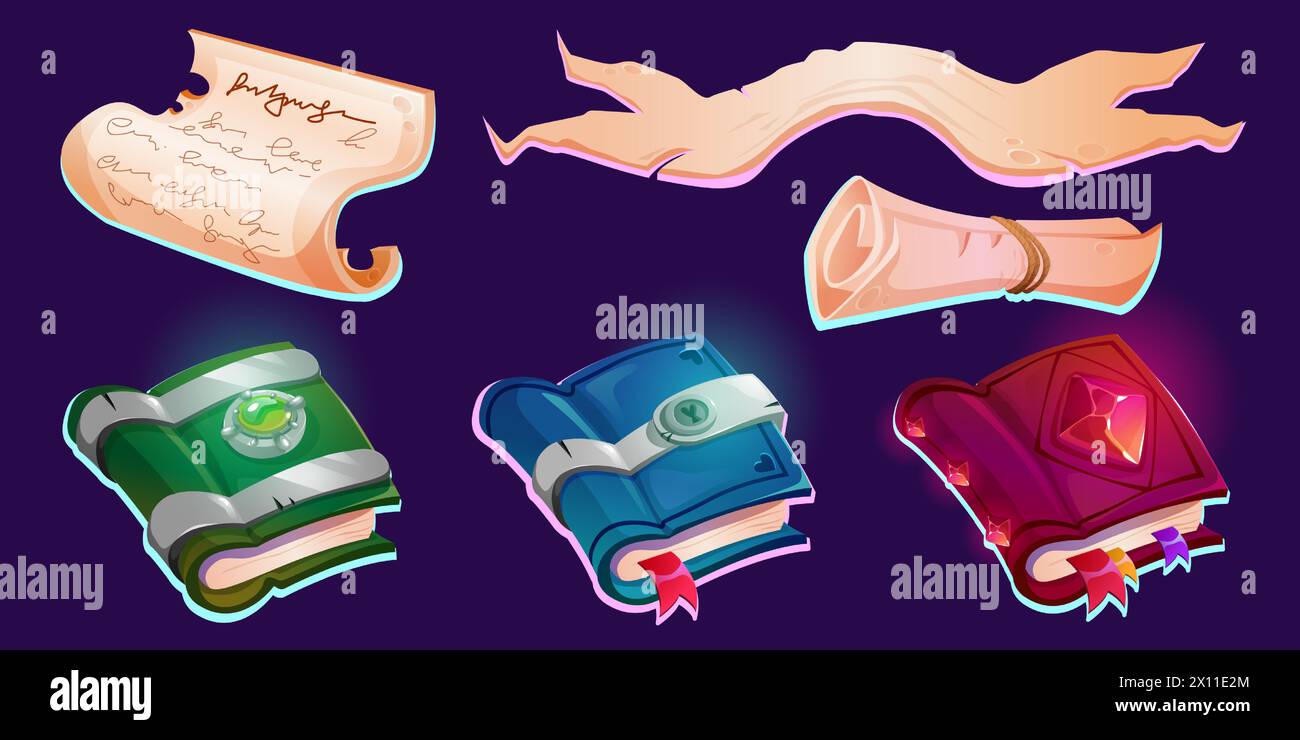 Old magic book with fantasy hardcover and parchment scroll for game ui ...