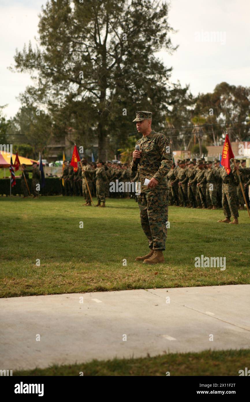 Sgt. Maj. Antonio N. Vizcarrondo Jr. speaks to Marines and sailors of ...