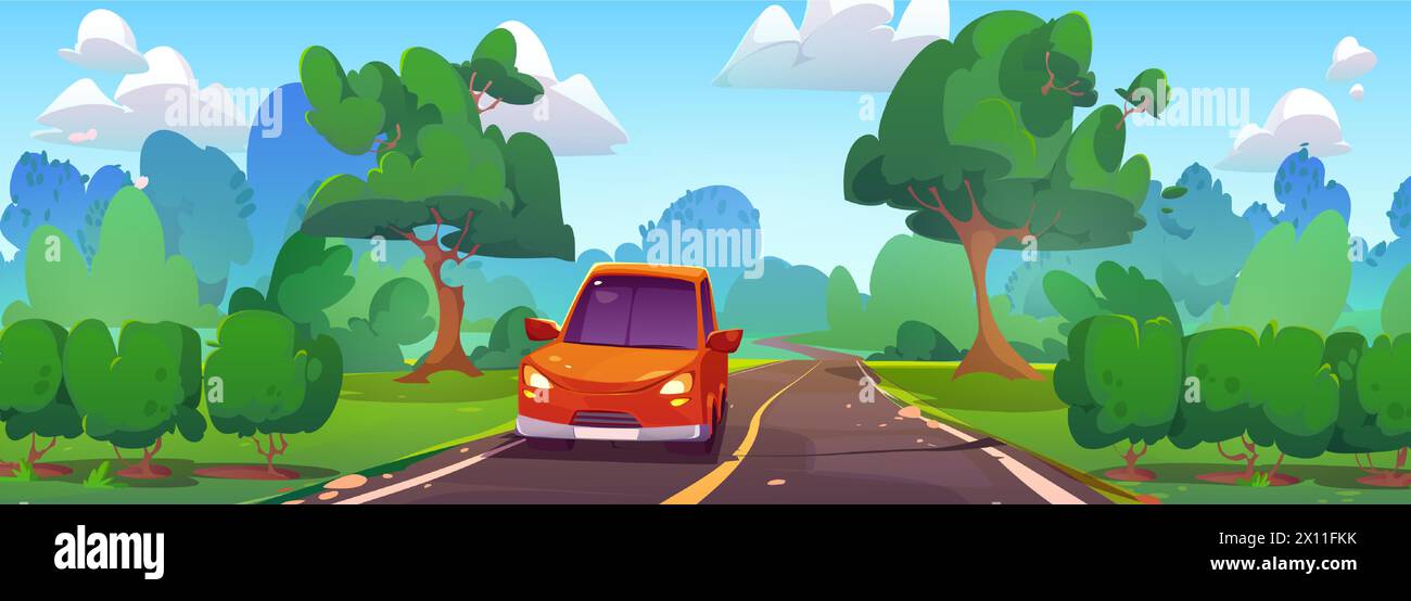 Car road trip to drive in summer landscape cartoon. Highway for vehicle ...