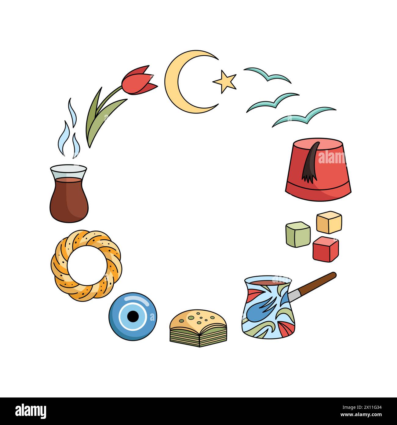 Hand drawn Turkey culture round frame, copy space. Turkish traditional ...