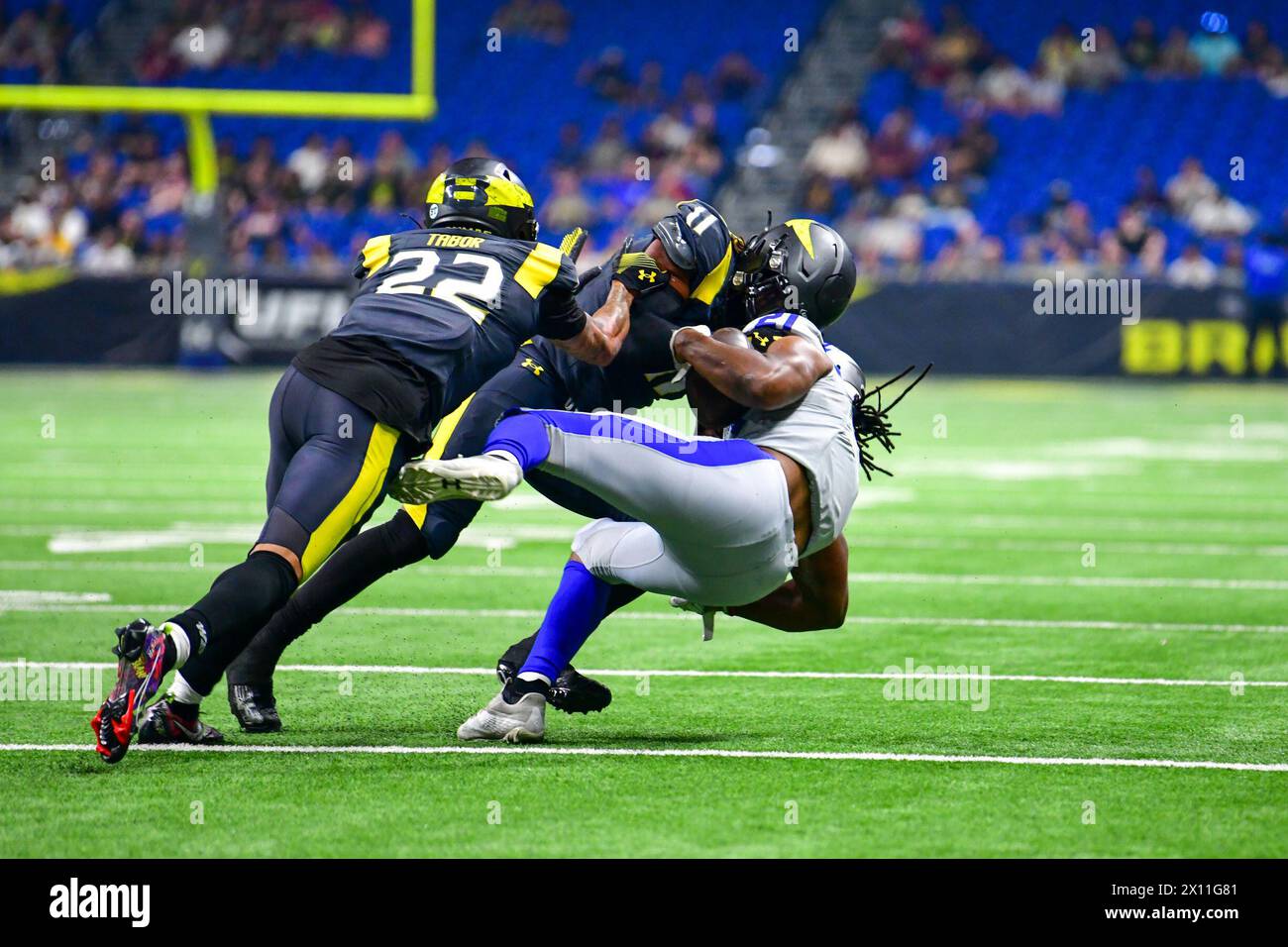 San Antonio, Texas, USA. 14th Apr, 2024. SA Brahmas defense knocks down ...