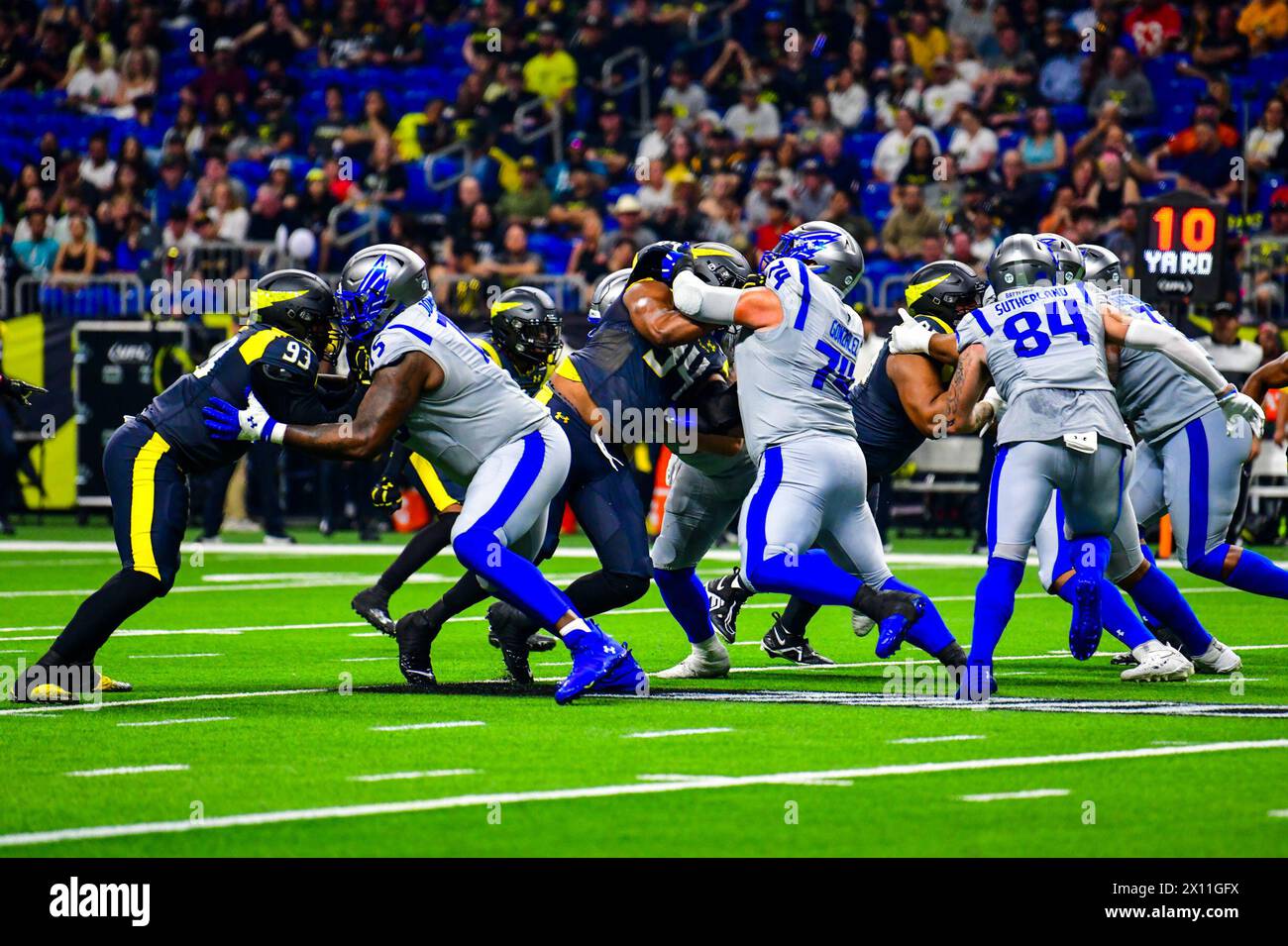 San Antonio, Texas, USA. 14th Apr, 2024. SA Brahmas defensive going ...