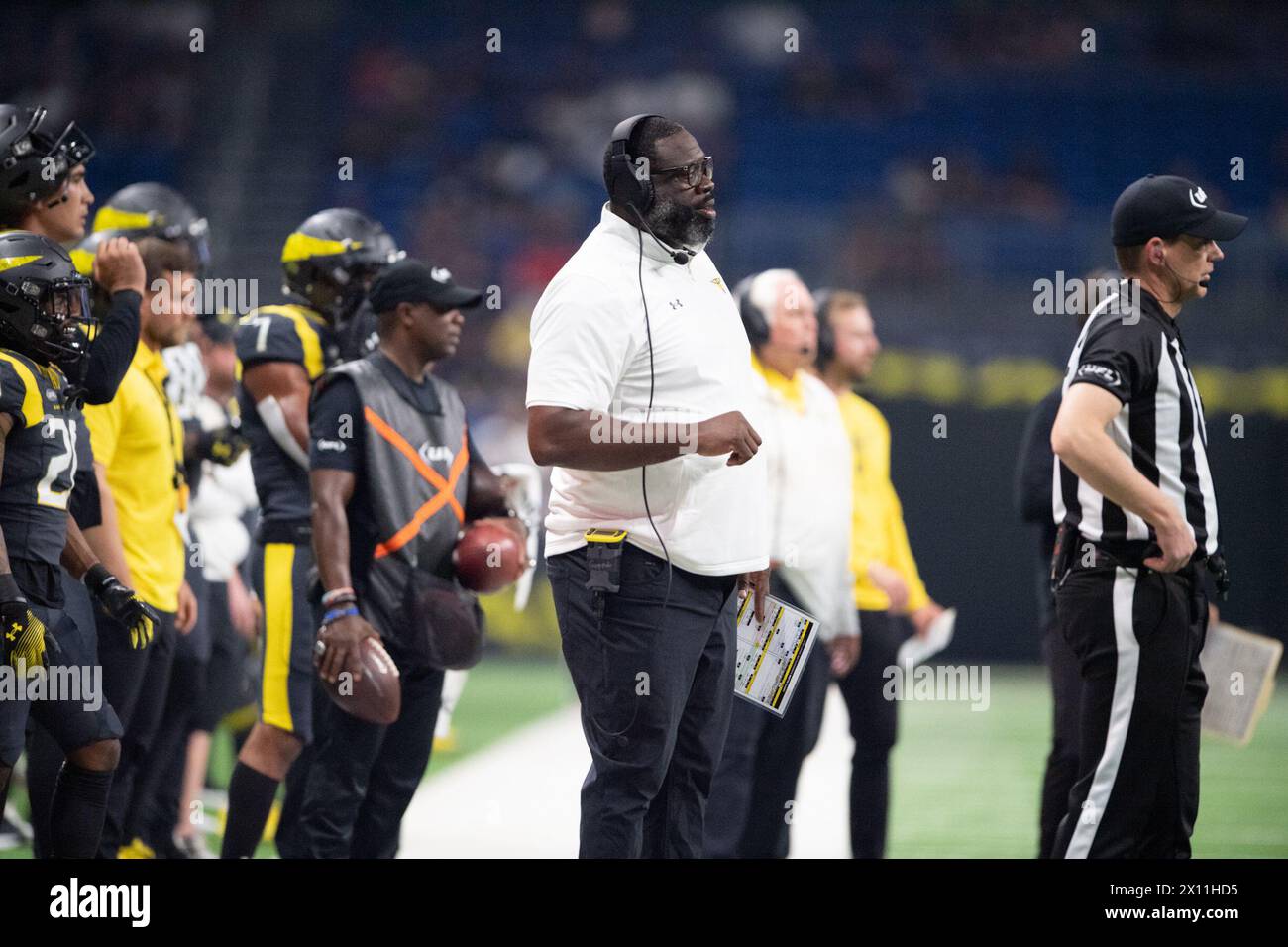 San Antonio, Texas, USA. 14th Apr, 2024. SA Brahmas offensive line ...
