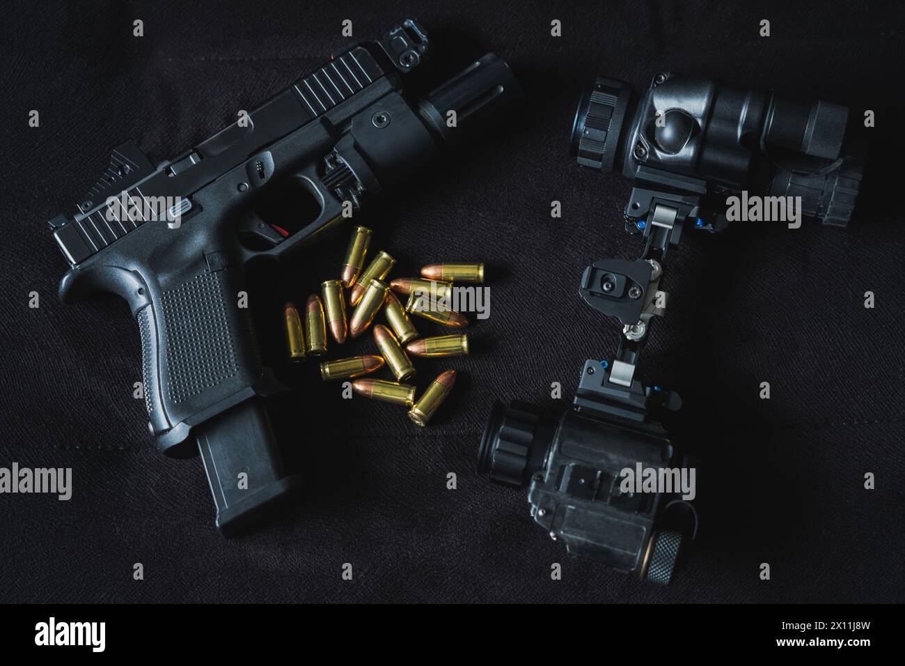 Military night vision device and tactical pistol with flashlight and ...