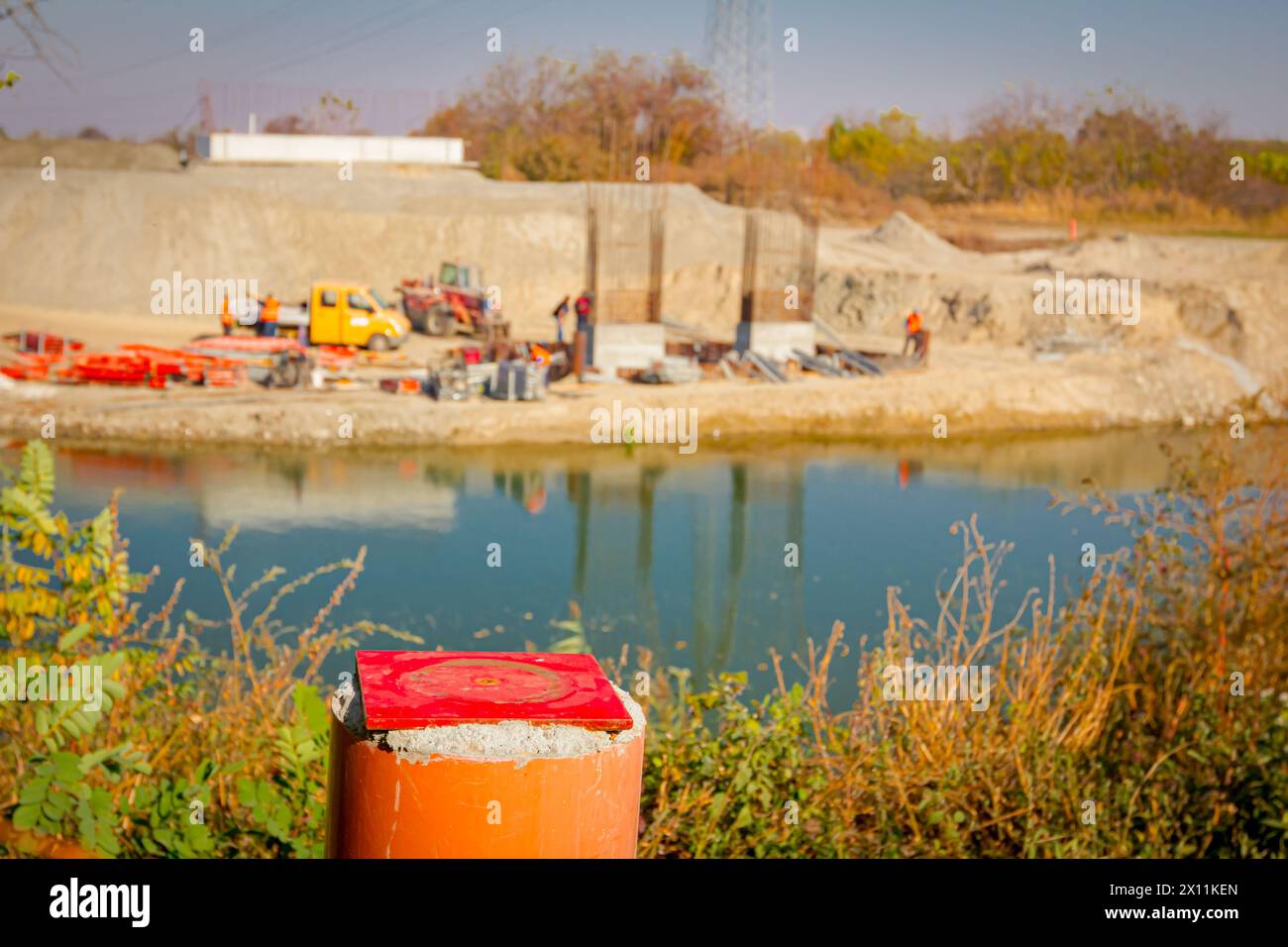 Red metal pole, side device, for determine level of bridge, 4 points ...