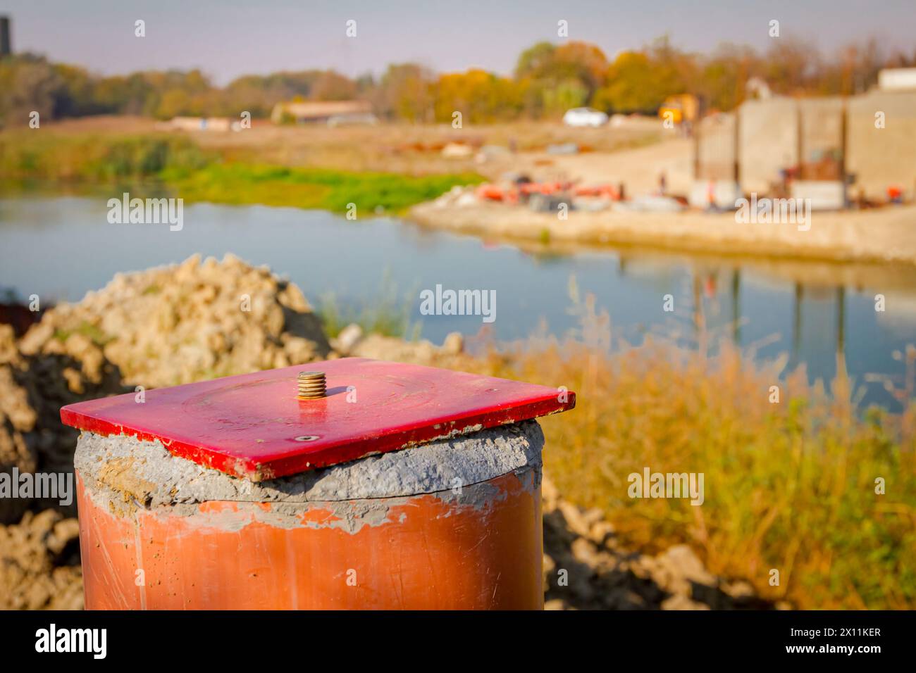 Red metal pole, side device, for determine level of bridge, 4 points ...