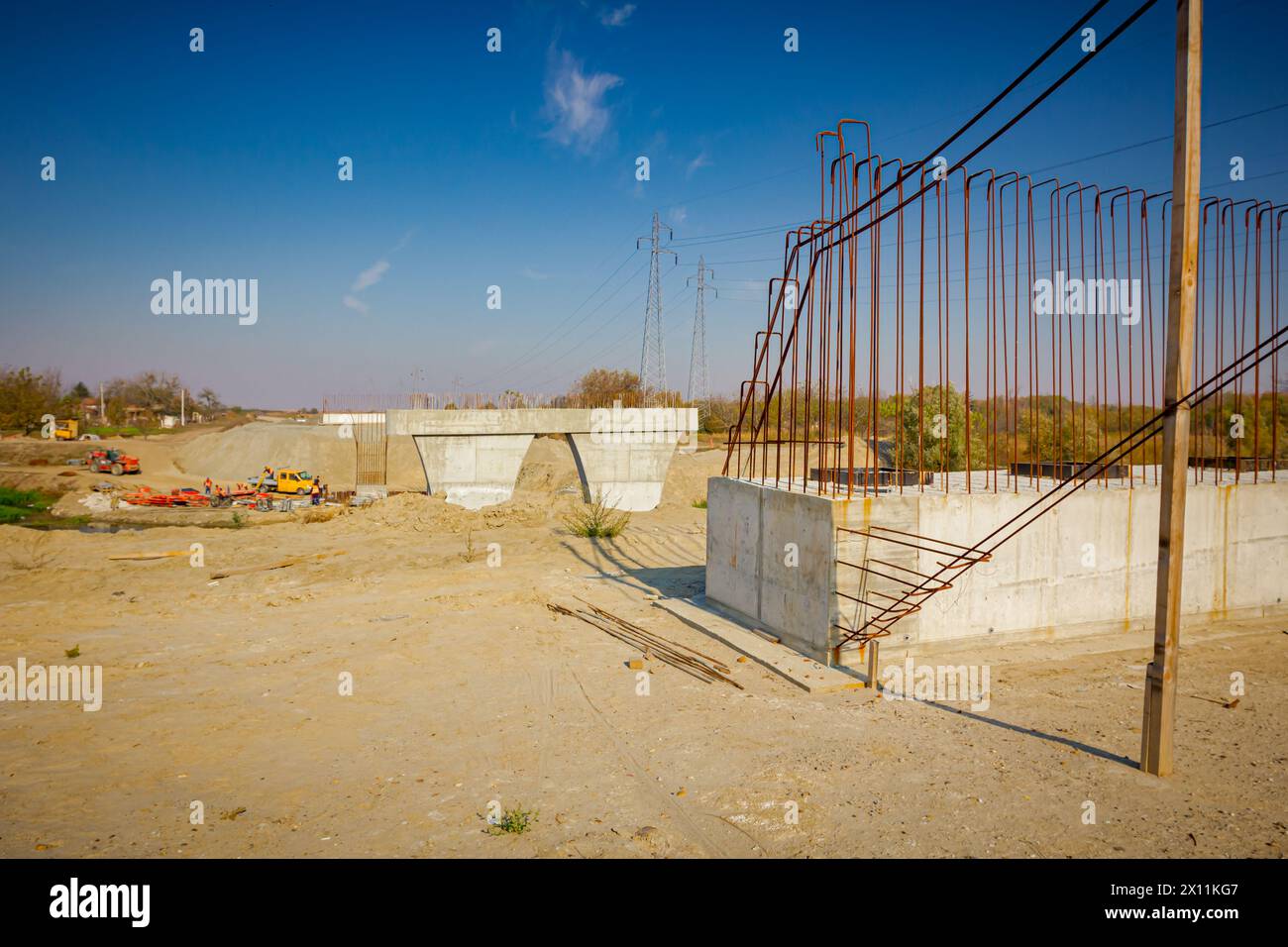 Bridge concrete column reinforcement, skeleton. Large modern gray built ...