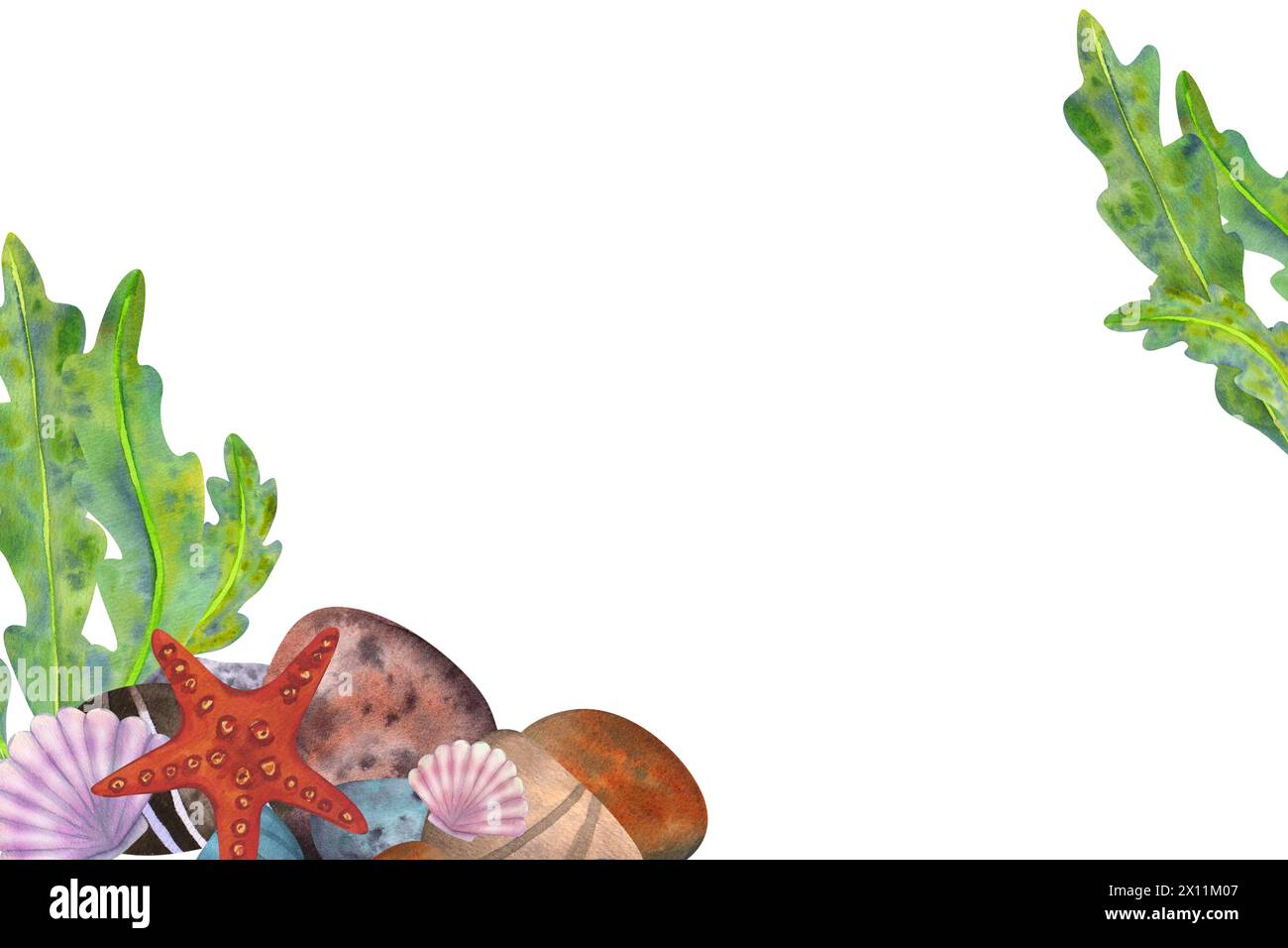 Marine composition, frame, template on a white background. Sea stones ...