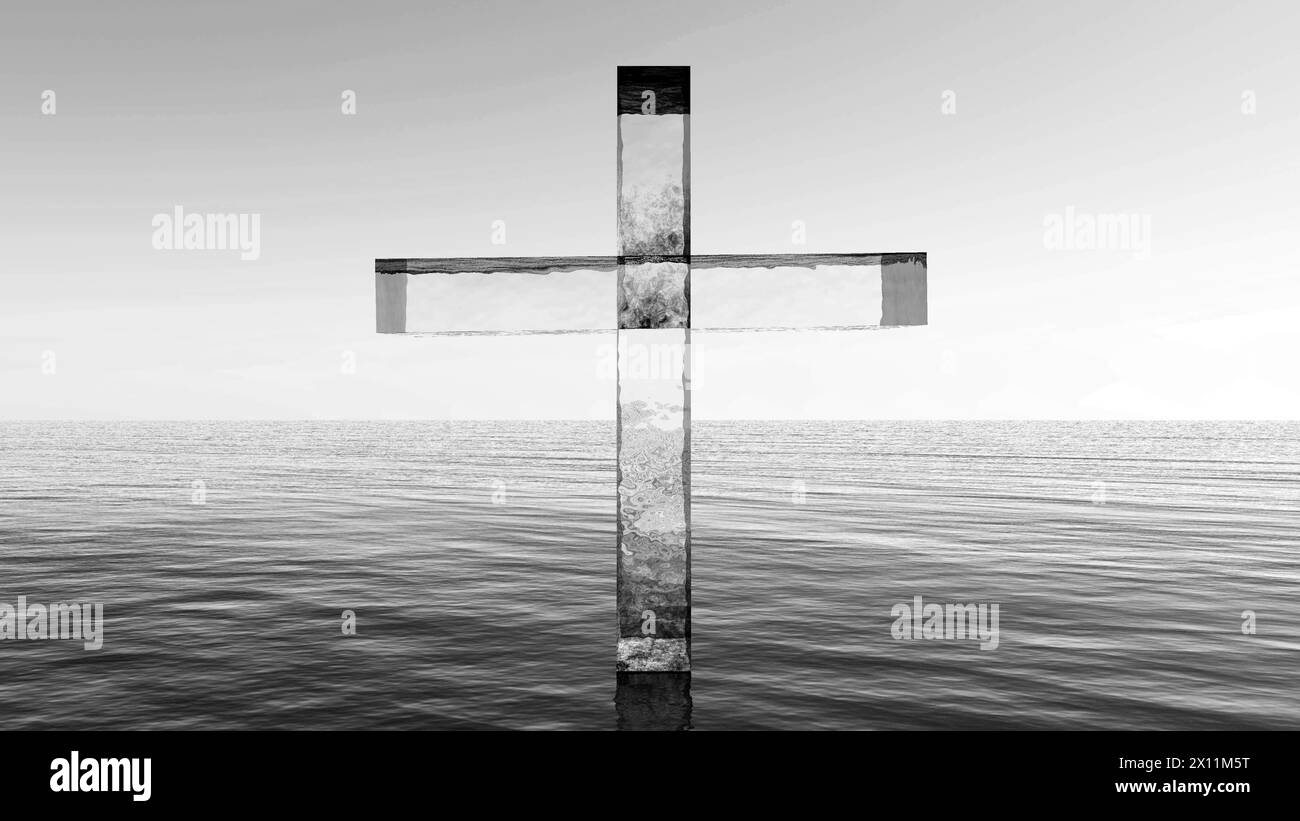 Glass cross standing in the sea. Christian 3D illustration Stock Photo ...
