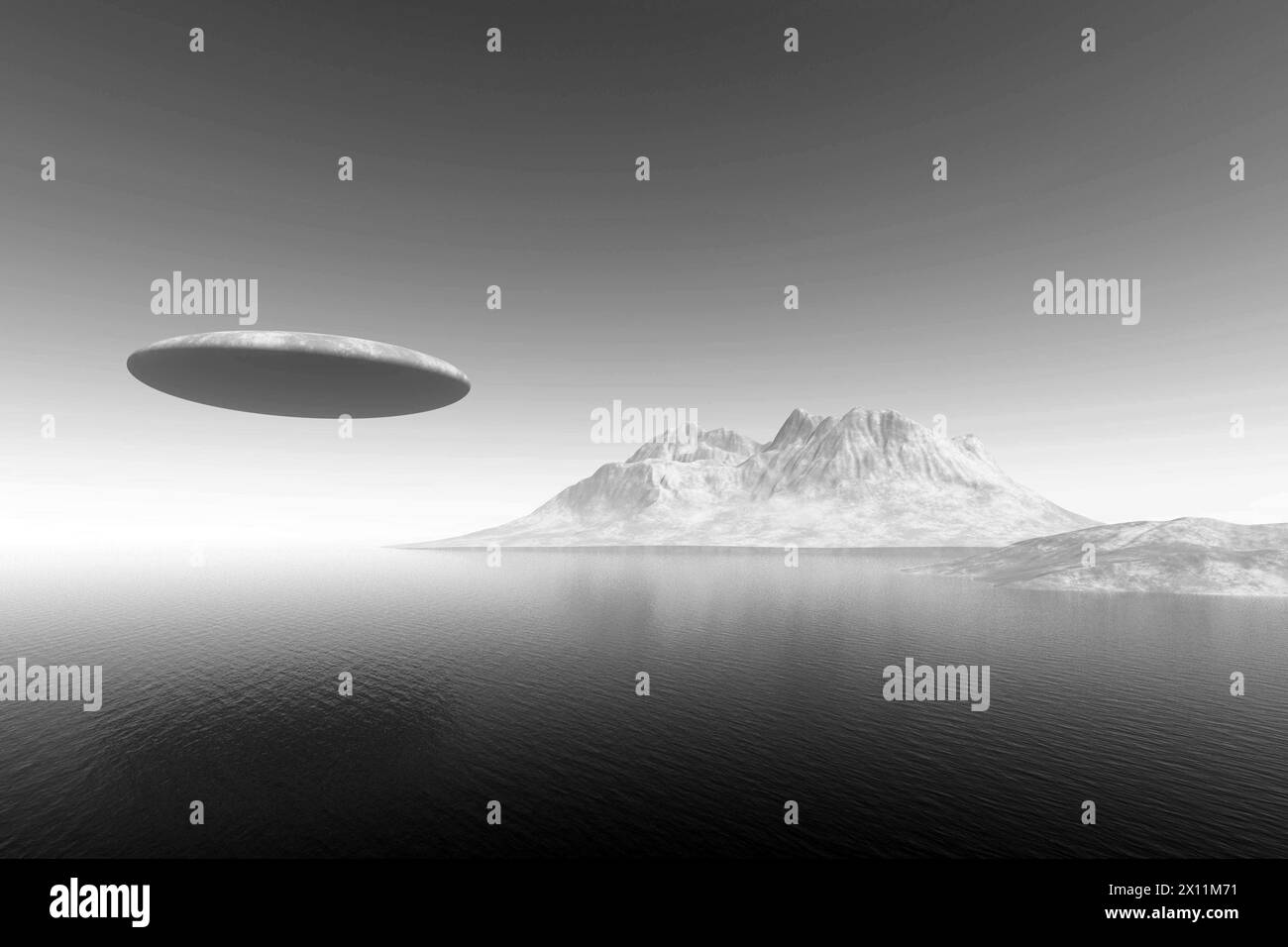 Alien UFO flying over sea surface, natural mountain background. 3D ...