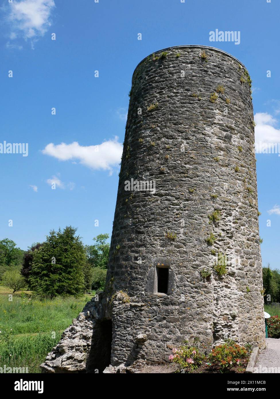 Old celtic castle tower over blue sky background, Blarney castle in ...