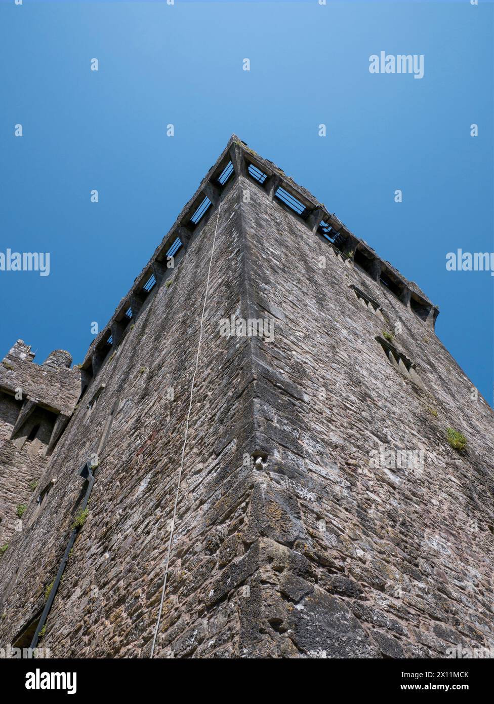 Old celtic castle tower over blue sky background, Blarney castle in ...