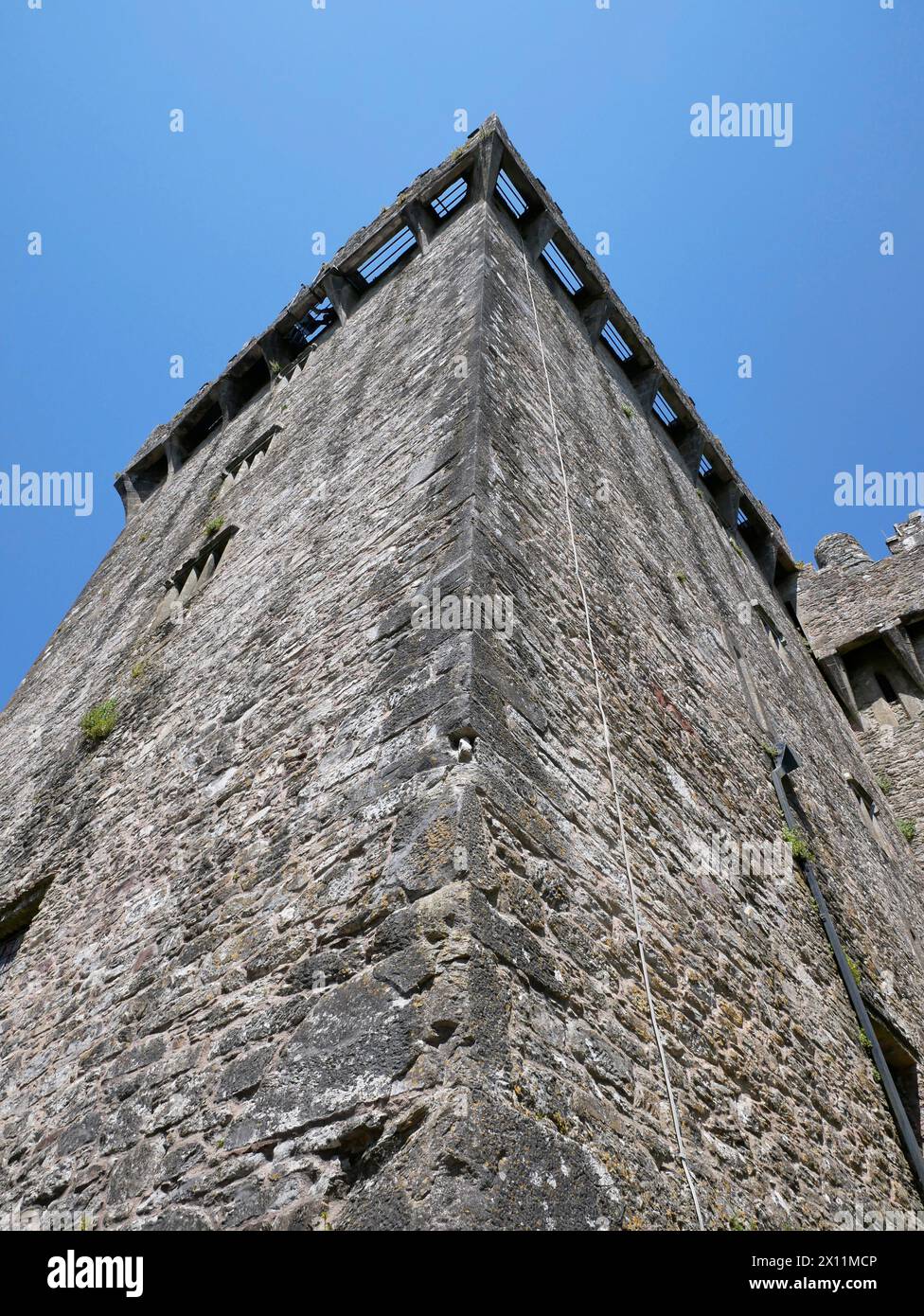 Old celtic castle tower over blue sky background, Blarney castle in ...
