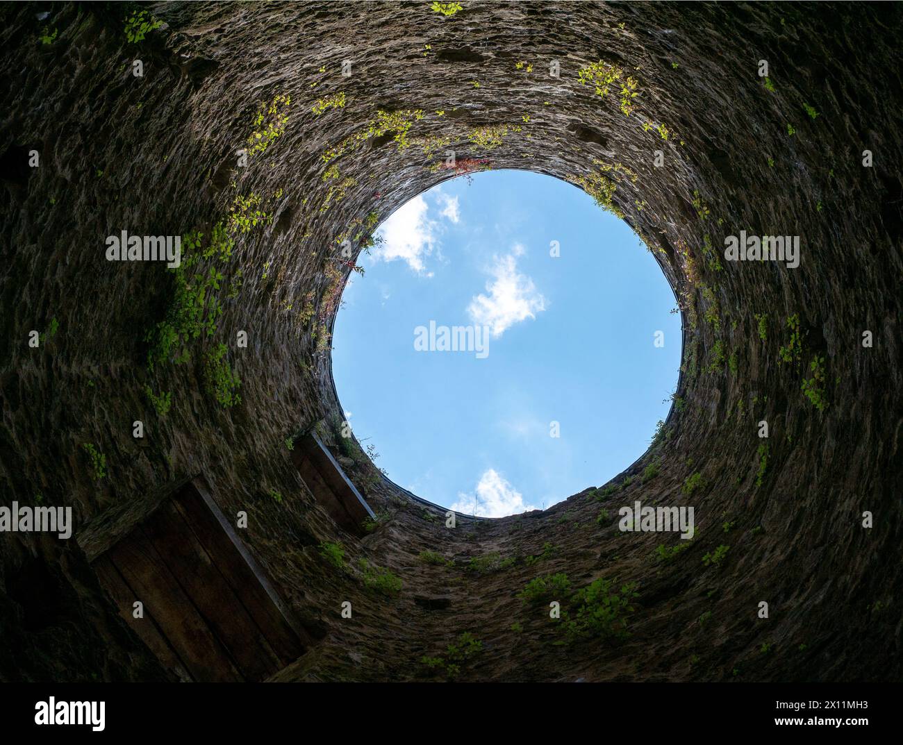 Stone well hole, old construction from inside, brick walls and blue sky ...