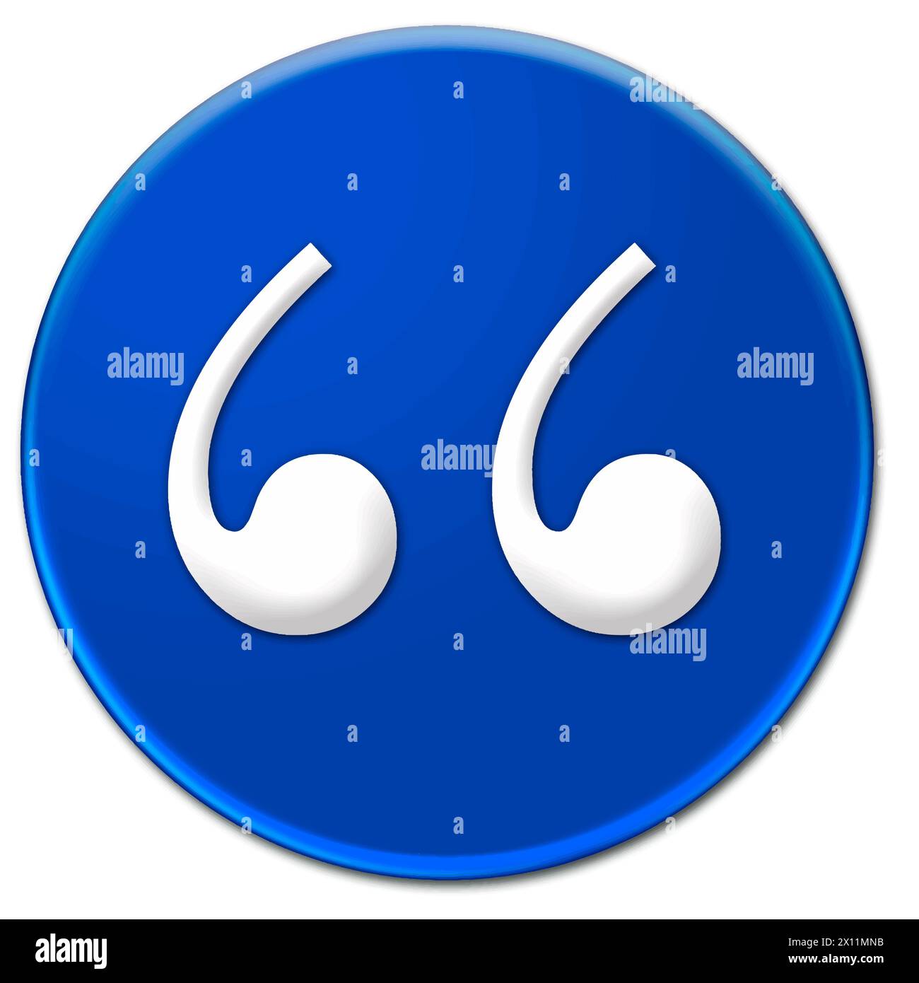 White quote mark symbol on a blue glassy button vector illustration ...