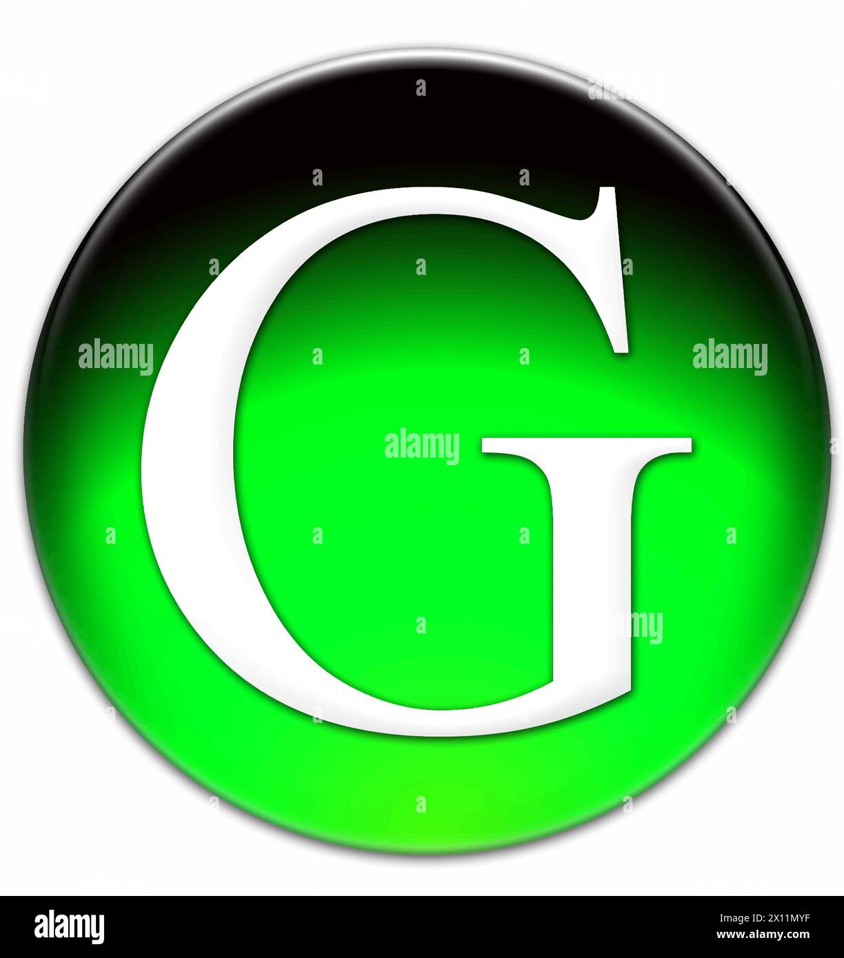 Letter G Times New Roman font type on a green glassy button isolated ...