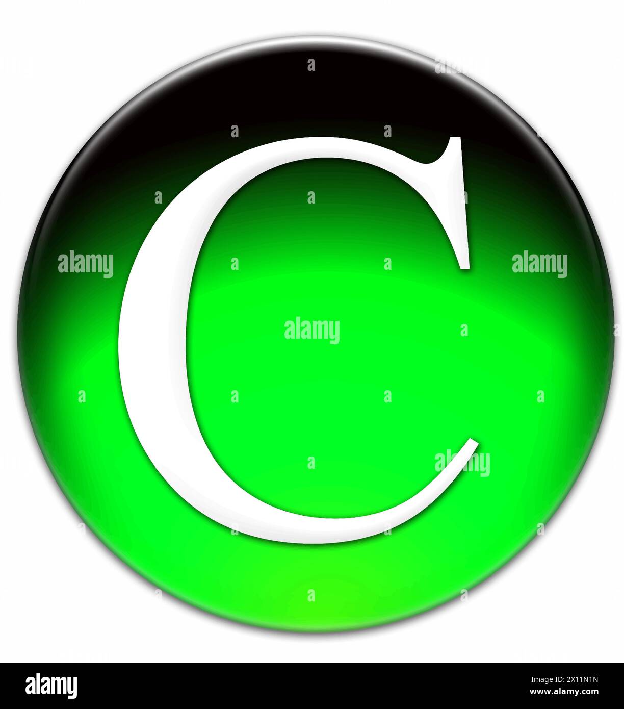 Letter C Times New Roman font type on a green glassy button isolated ...