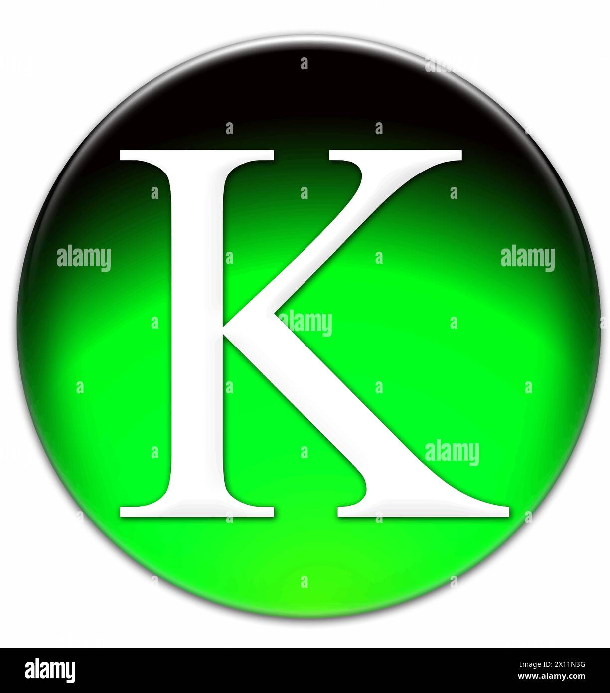 Letter K Times New Roman font type on a green glassy button isolated ...