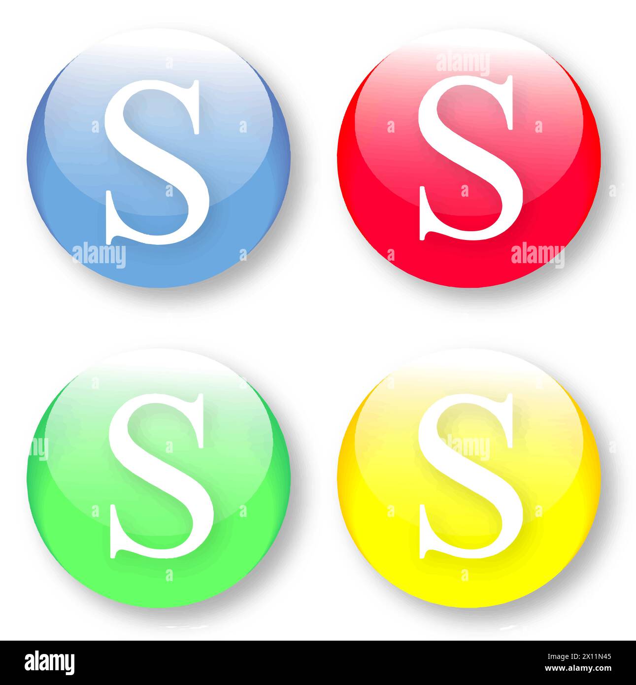 Letter S Times New Roman font type icons set on blue, red, green and ...