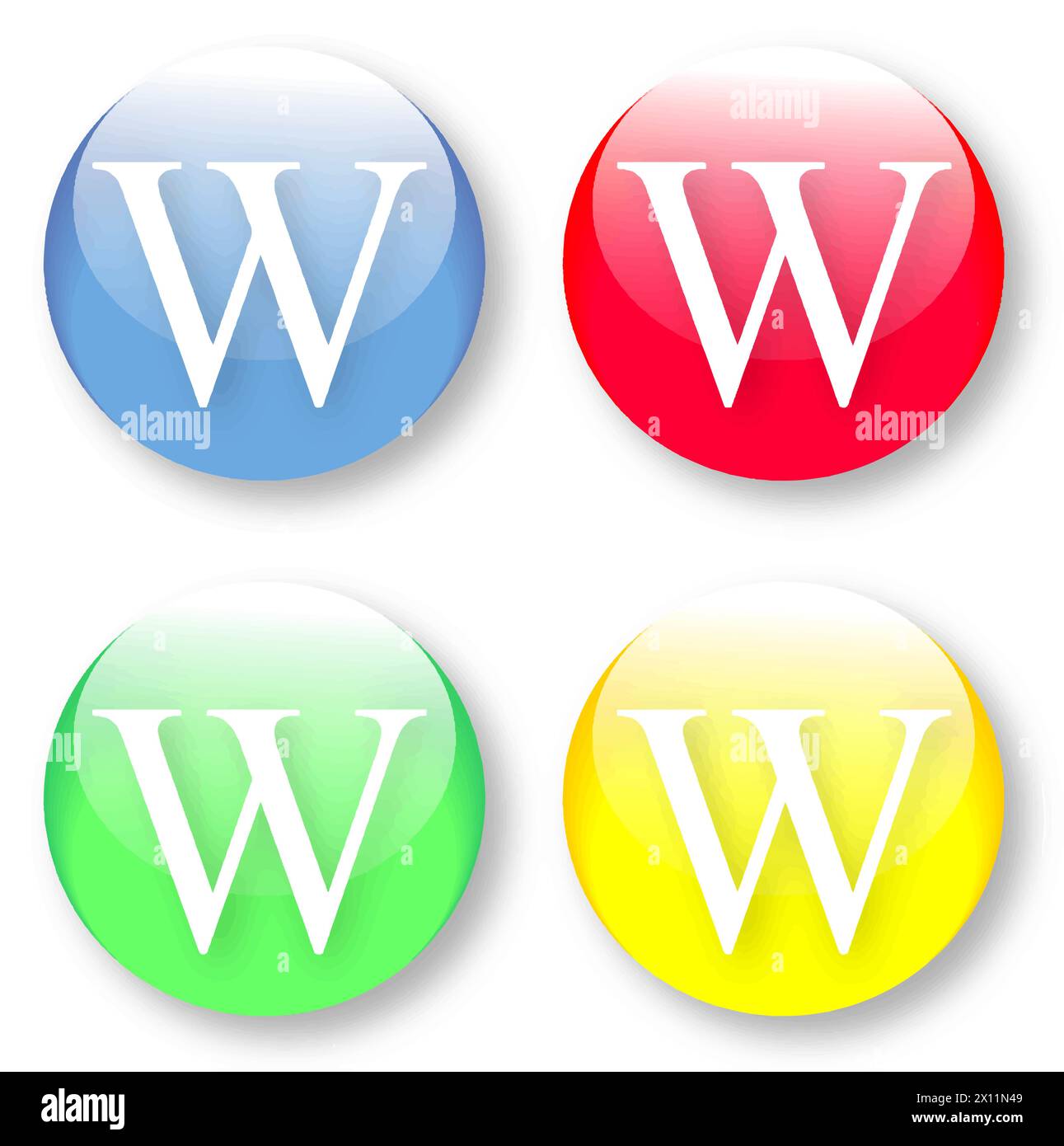 Letter W Times New Roman font type icons set on blue, red, green and ...