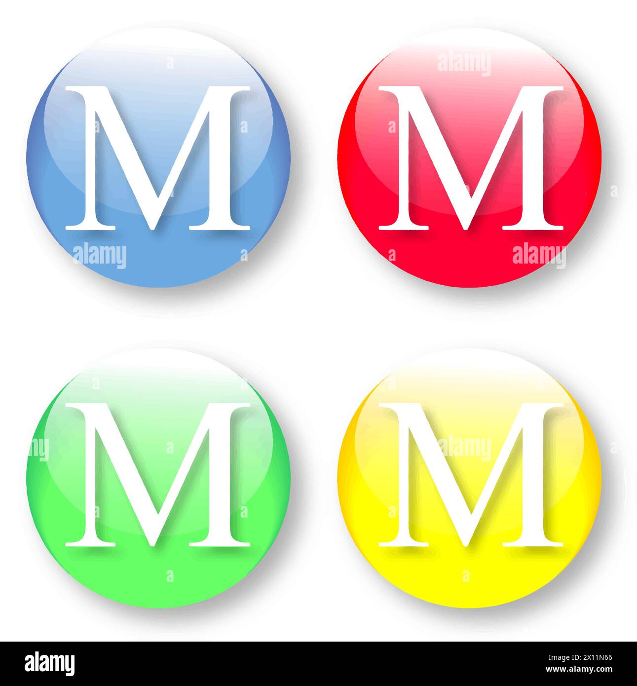 Letter M Times New Roman font type icons set on blue, red, green and ...