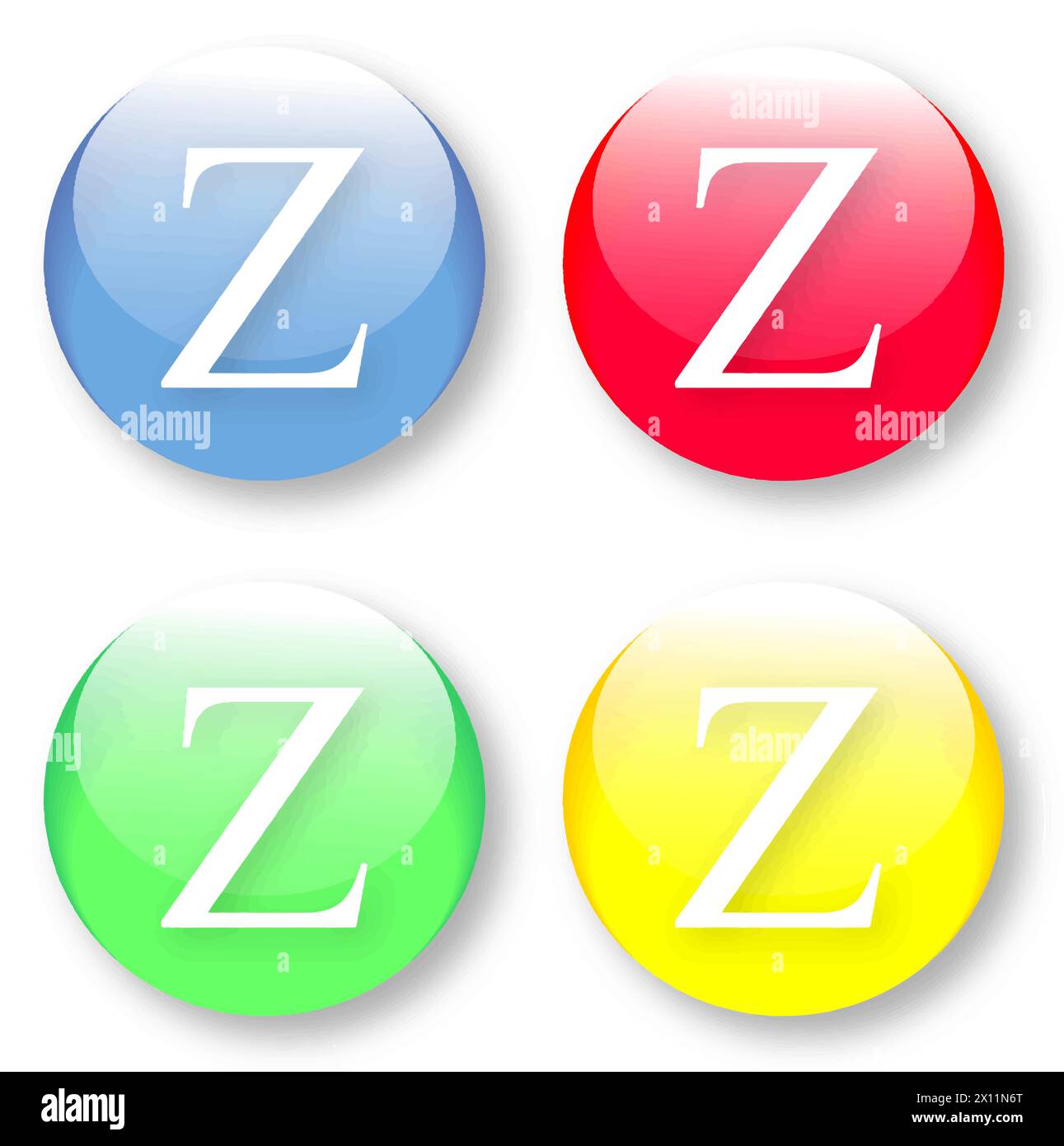 Letter Z Times New Roman font type icons set on blue, red, green and ...