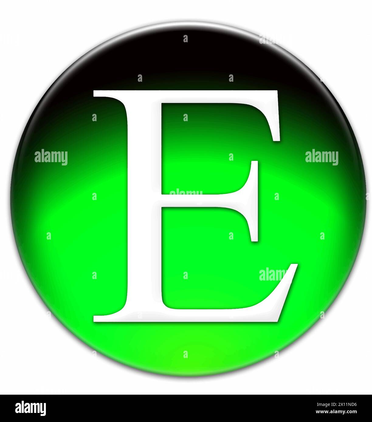 Letter E Times New Roman font type on a green glassy button isolated ...