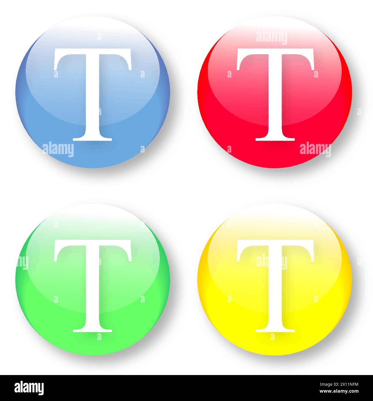 Letter T Times New Roman font type icons set on blue, red, green and ...