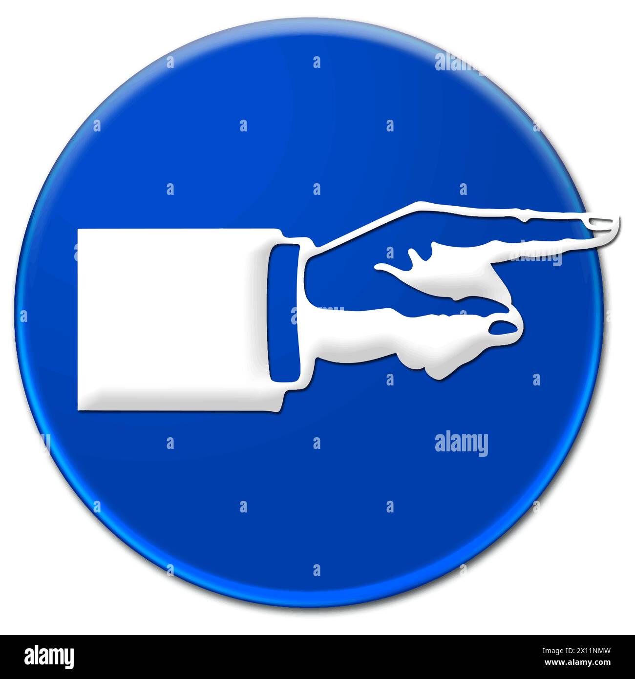 Hand point sign on a blue glassy button isolated over white background ...