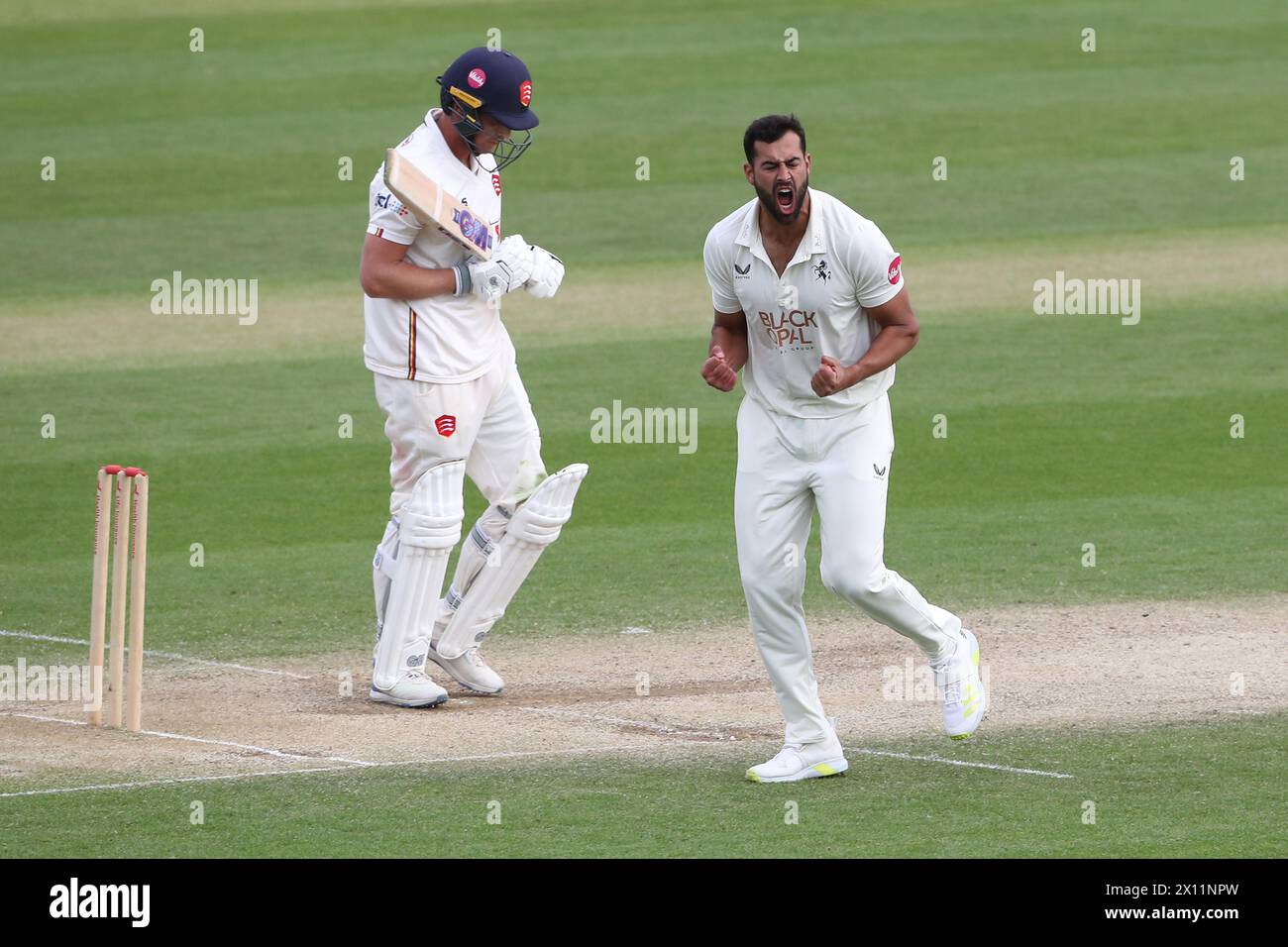 Wes Agar of Kent celebrates taking the wicket of Tom Westley during ...