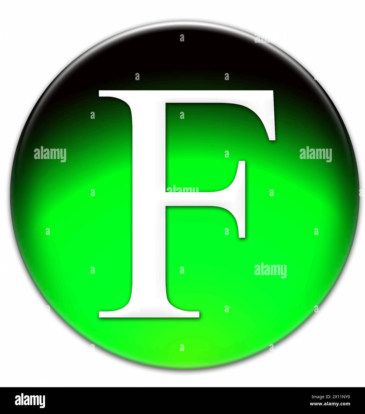 Letter F Times New Roman font type on a green glassy button isolated ...