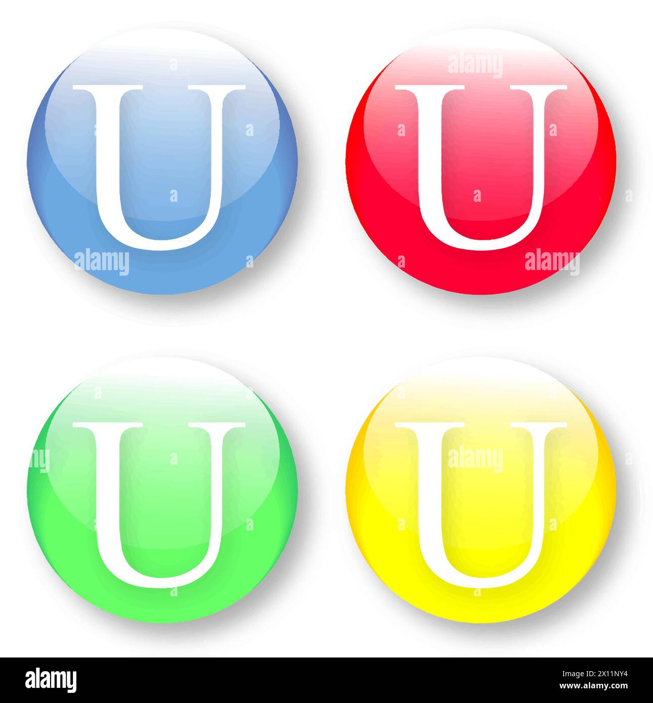 Letter U Times New Roman font type icons set on blue, red, green and ...