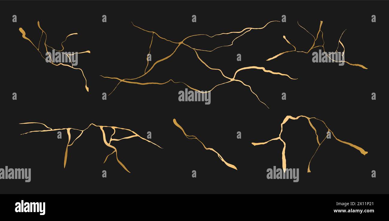 Gold kintsugi. Crack vector isolated elements on white backdrop. Golden ...