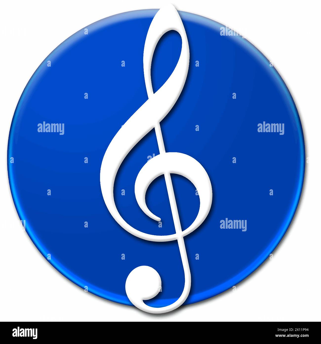 White treble clef sign on a blue glassy button isolated over white ...