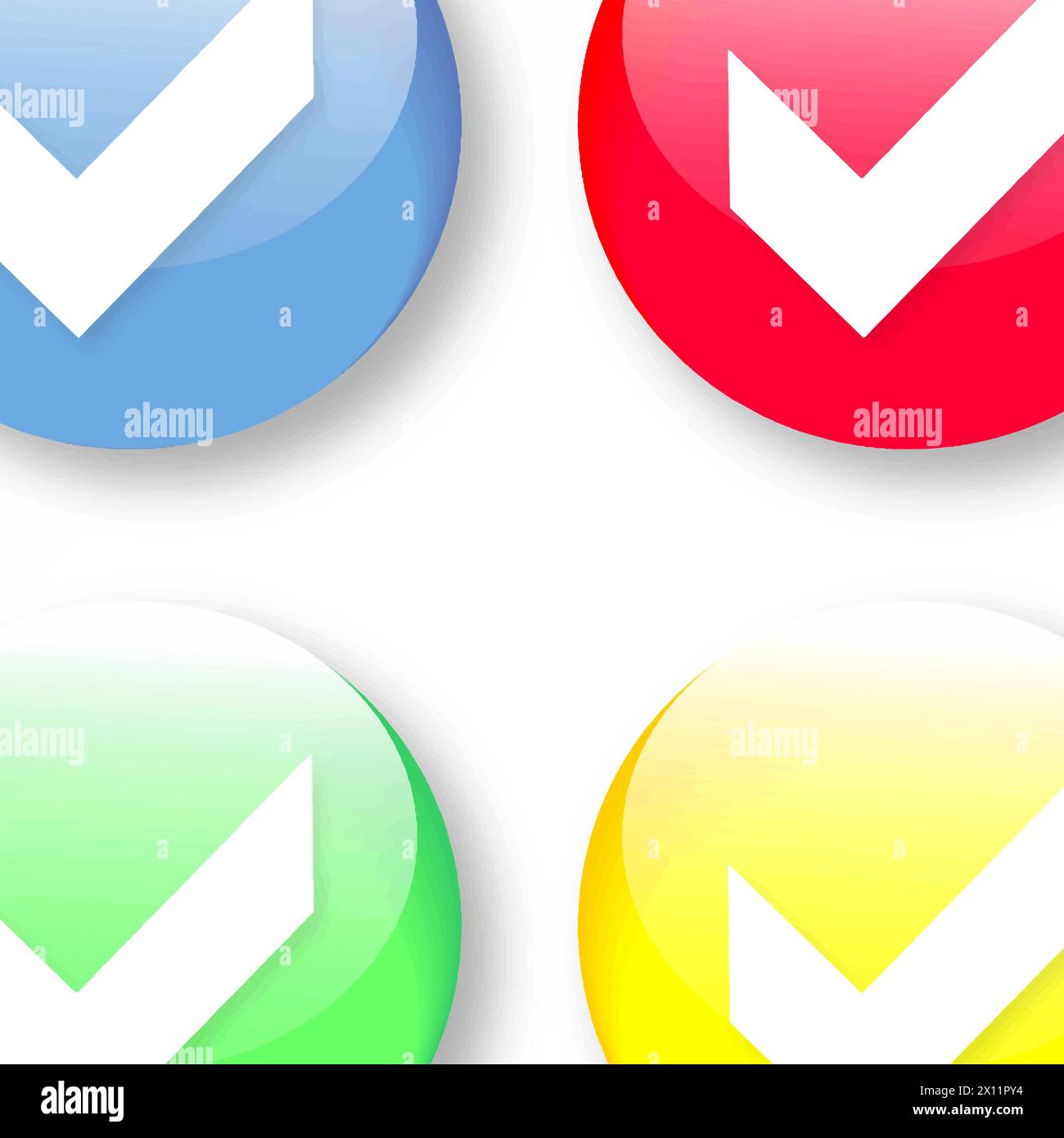 Vector tick check sign icons set on blue, red, green and yellow glassy ...