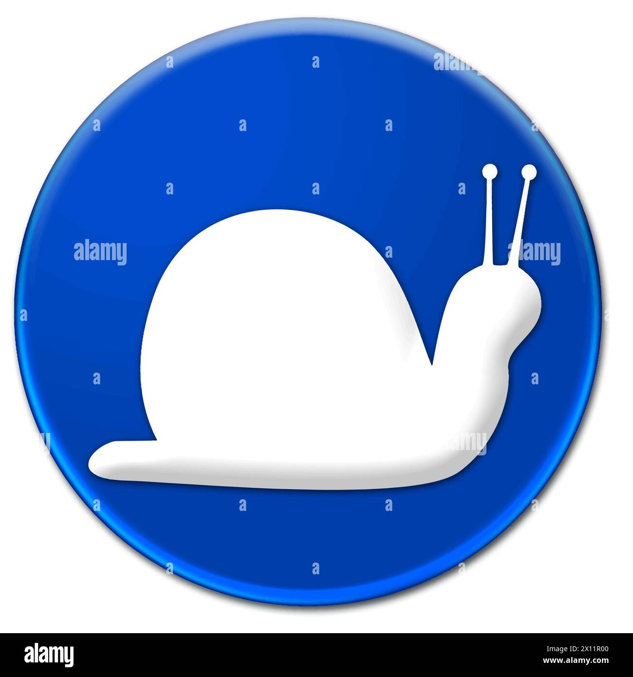 White snail symbol icon on a glassy blue button isolated over white ...