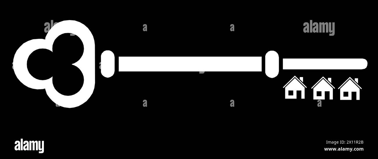Classic white key shape isolated over black background, real estate ...