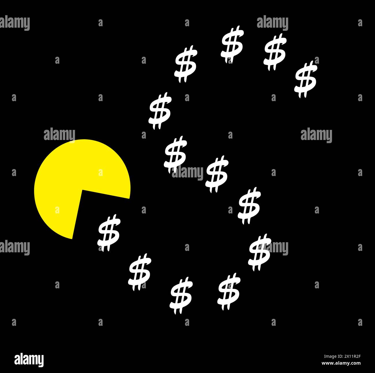 Pac Man eating small dollar signs, retro games review vector ...