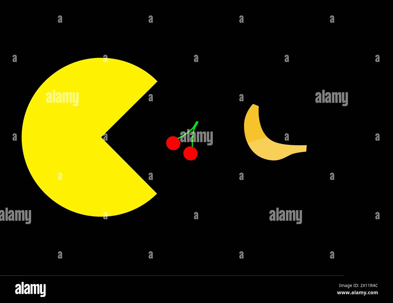 Vegetarian Pac-Man eating fruit, famous video game theme illustration ...