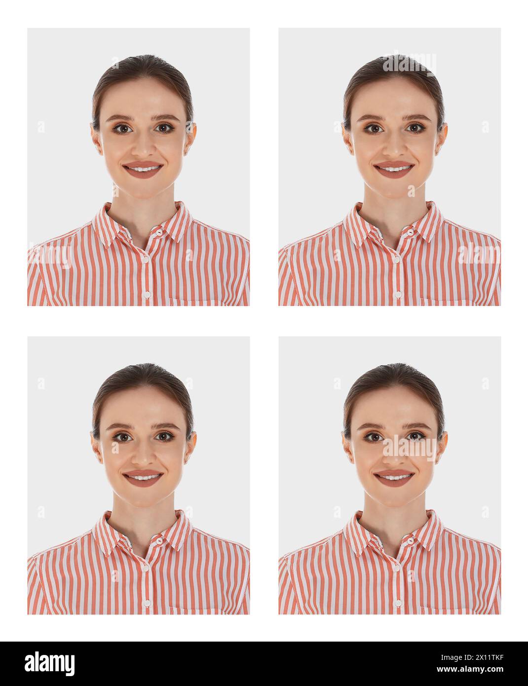 Passport photo, collage. Woman on white background, set of photos Stock ...