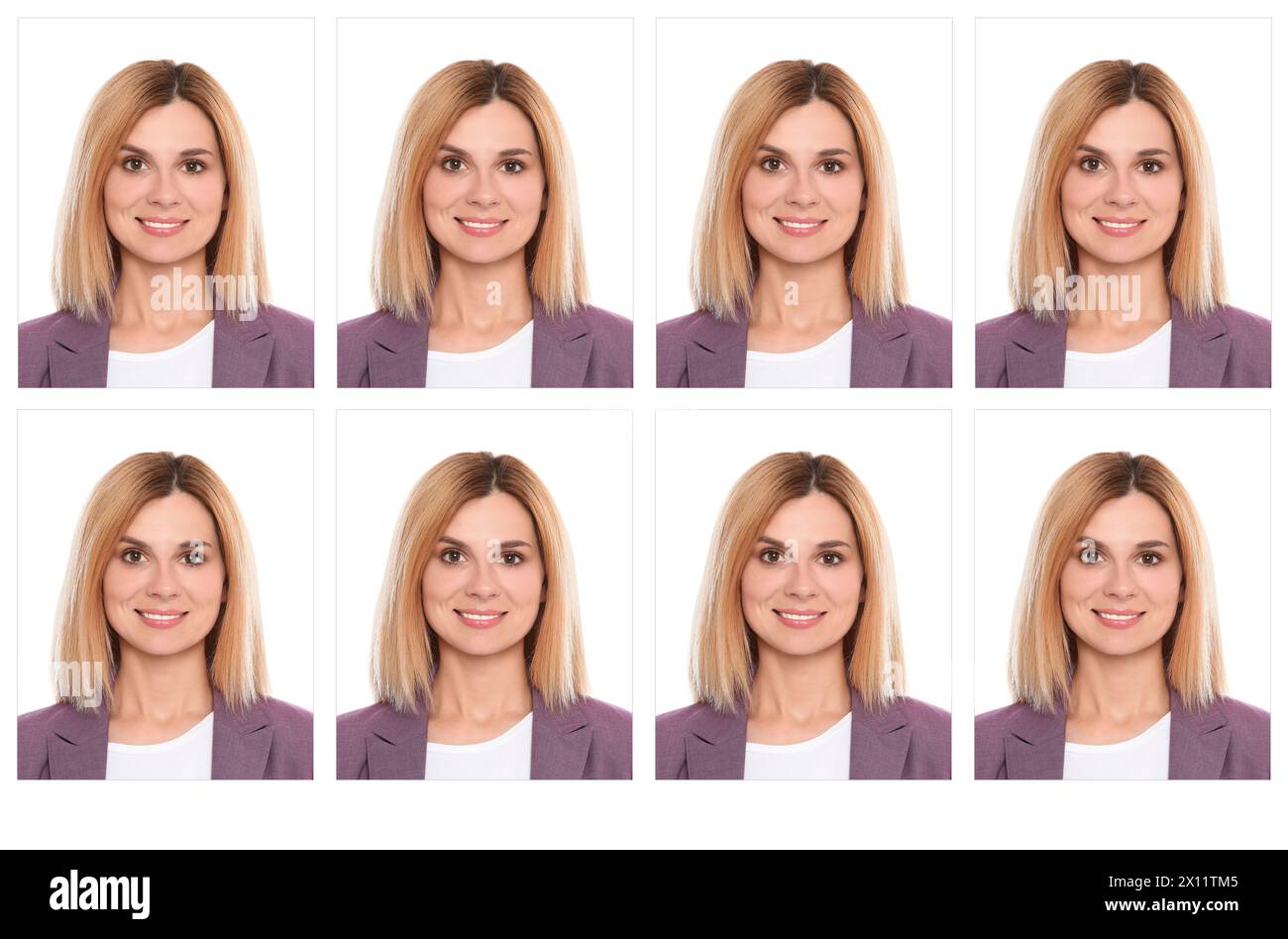 Passport photo, collage. Woman on white background, set of photos Stock ...
