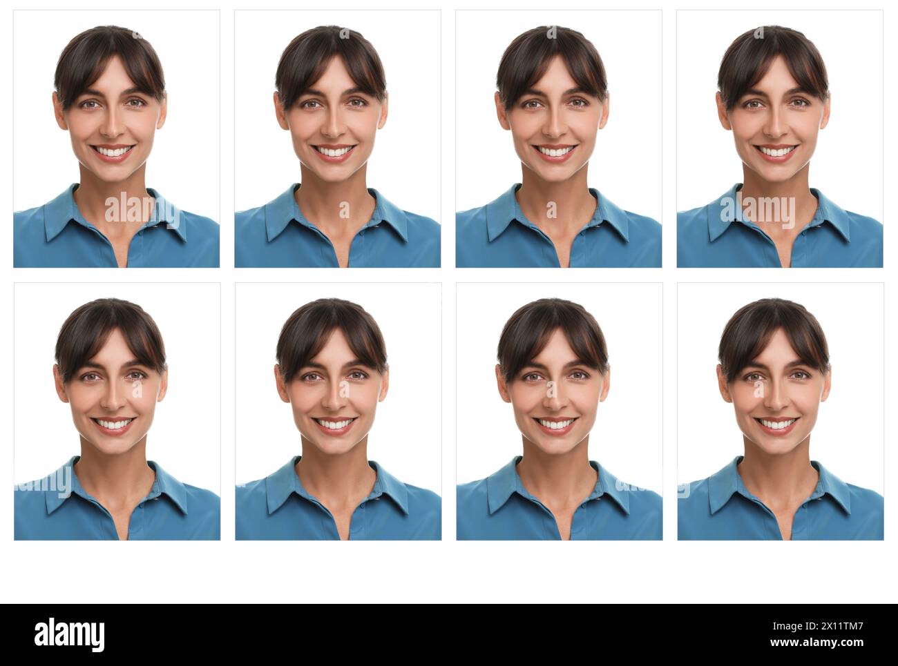 Passport photo, collage. Woman on white background, set of photos Stock ...