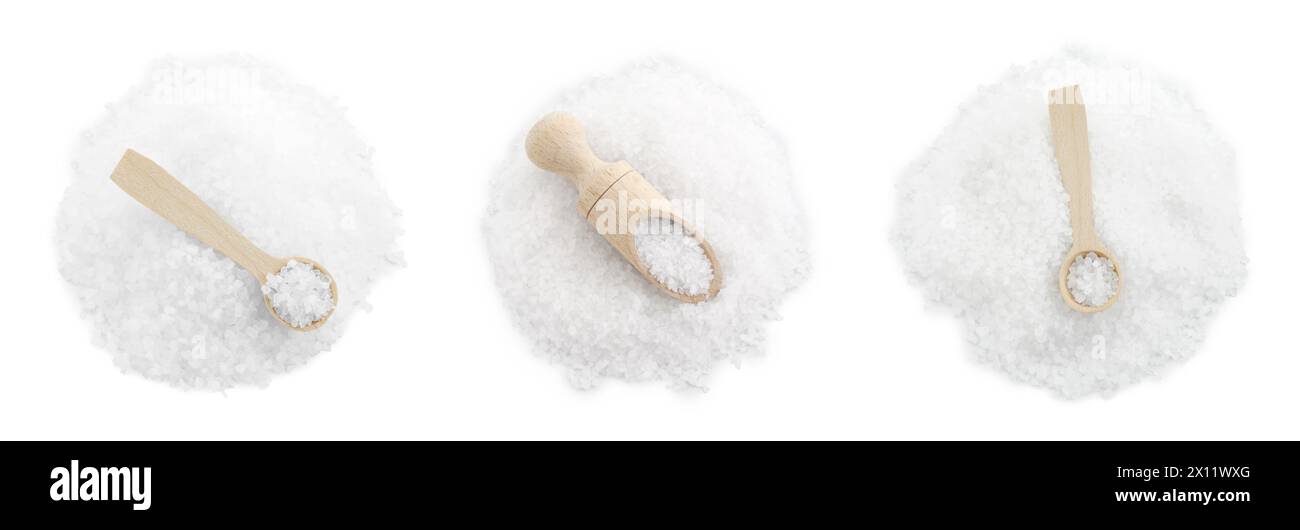 Set of natural salt isolated on white, top view Stock Photo - Alamy