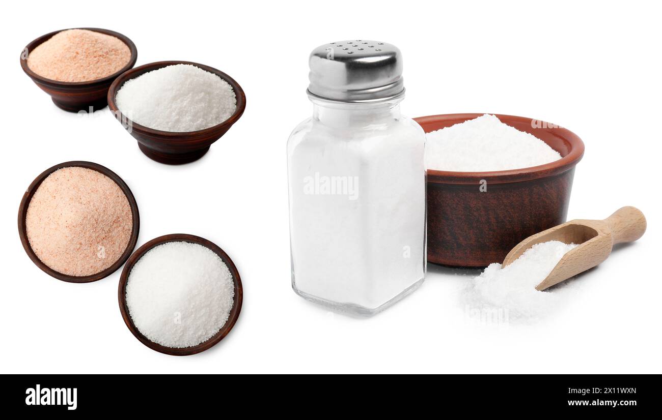 Set of natural salt isolated on white Stock Photo - Alamy