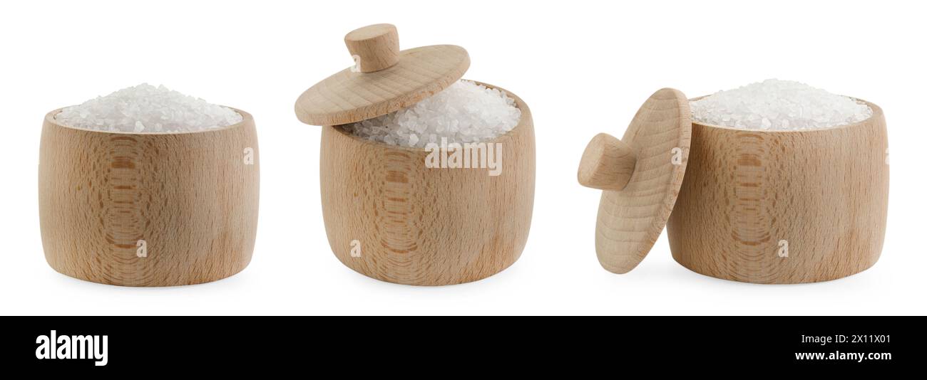 Natural salt in wooden jar isolated on white, set Stock Photo - Alamy